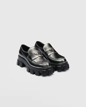 Prada Monolith Nuanced Brushed Leather Loafers - Black/Silver