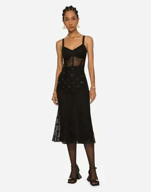 Dolce & Gabbana Devoré Satin Skirt With Dg Logo - Black