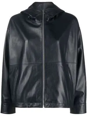 YVES SALOMON Yves Salomon Leather Zip-Up Hooded Jacket Blue