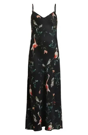 ALLSAINTS Bryony Fabia Midi Slipdress Floral & Flamingo Print