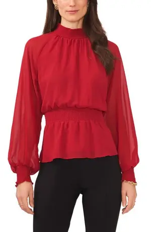 Chaus Smock Waist Peplum Chiffon Blouse Red Dahlia