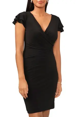 Chaus Flutter Sleeve Surplice V-neck Sheath Dress - Black