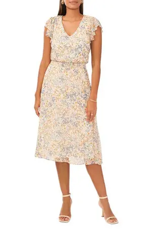Chaus Floral Smocked Waist Midi Dress - White Multi