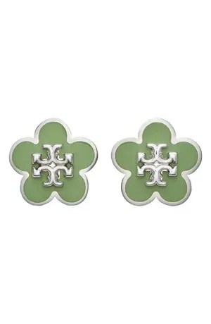 Tory Burch Forget Me Not Enamel Stud Earrings Tory Silver / Foliage