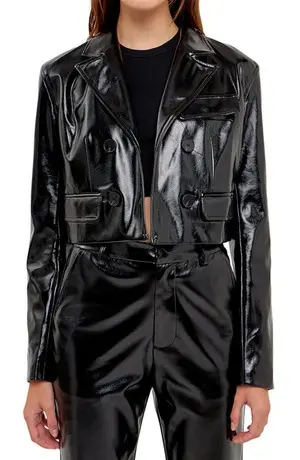GREY LAB Shiny Faux Leather Crop Blazer