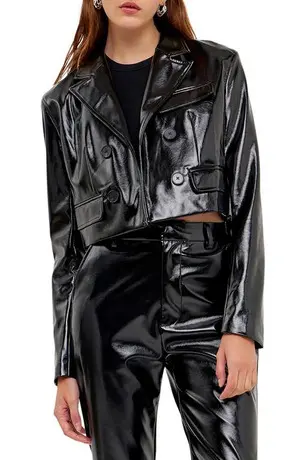 GREY LAB Shiny Faux Leather Crop Blazer - Black