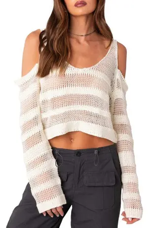EDIKTED Open Stitch Cold Shoulder Cotton Sweater