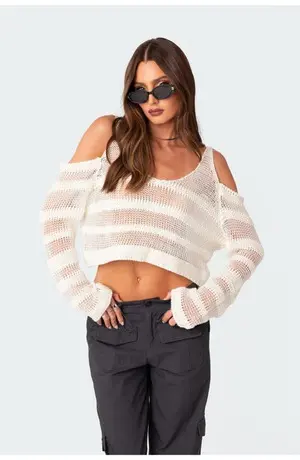 EDIKTED Open Stitch Cold Shoulder Cotton Sweater