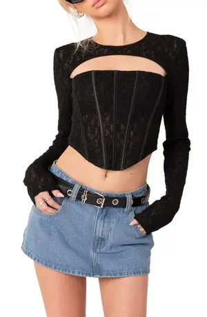 EDIKTED Vienna Long Sleeve Cutout Lace Corset Top