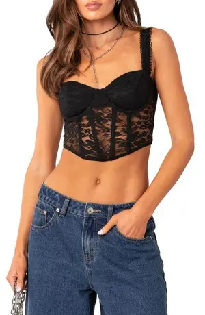EDIKTED Davina Lace Corset Crop Top - Black