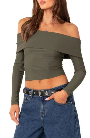EDIKTED Brea Foldover Crop Top - Olive