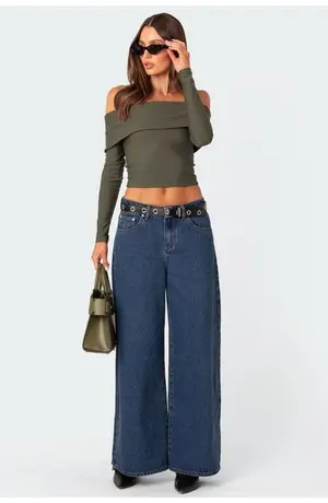 EDIKTED Brea Foldover Crop Top - Olive