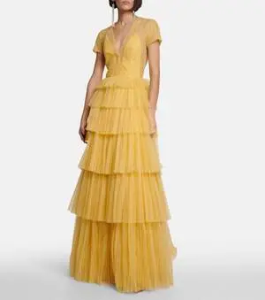Costarellos Ruffled Tulle Gown