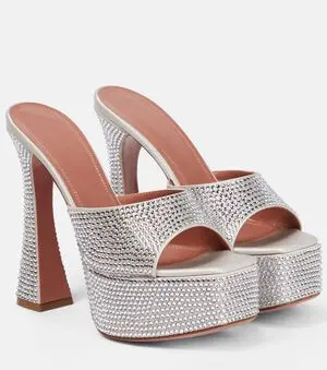 Amina Muaddi Dalida Embellished Platform Mules - Silver