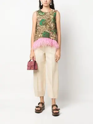 La DoubleJ Painterly-print Feather-trim Top - Green