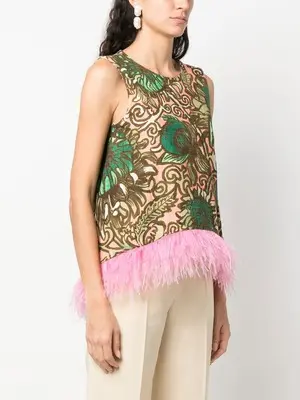 La DoubleJ Painterly-print Feather-trim Top - Green