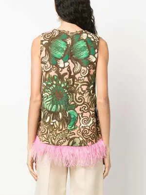 La DoubleJ Painterly-print Feather-trim Top - Green