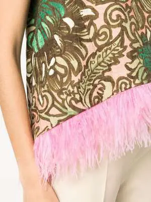 La DoubleJ Painterly-print Feather-trim Top - Green