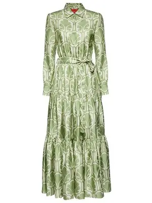 La DoubleJ Long-sleeve Graphic Print Silk Dress - Green