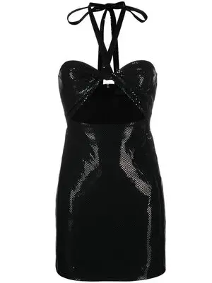 ROTATE BY BIRGER CHRISTENSEN Foil Jersey Halterneck Minidress