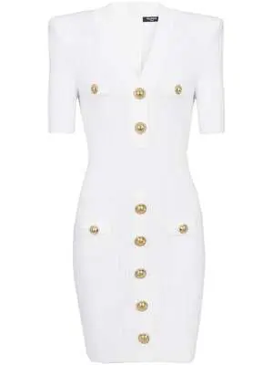 Balmain Knitted Mini Dress With Gold-tone Buttons - White