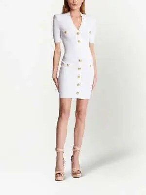 Balmain Knitted Mini Dress With Gold-tone Buttons - White