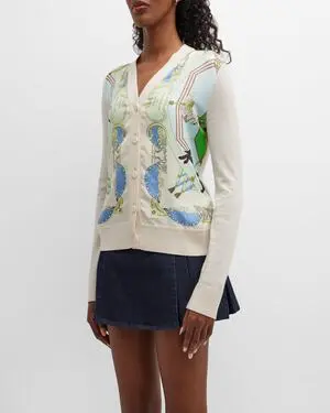 Tory Burch Carousel Printed Silk-front Cardigan - French Cream