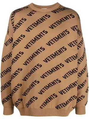 Vetements Logo-print Intarsia-knit Jumper - Brown