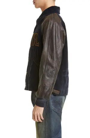 Double Rl Logo Leather Sleeve Corduroy Varsity Jacket