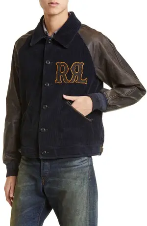 Double Rl Logo Leather Sleeve Corduroy Varsity Jacket