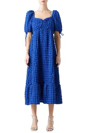 Endless Rose Texture Puff Sleeve Maxi Dress - Blue