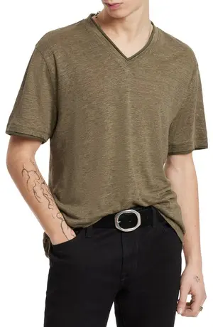 John Varvatos Wooster Regular Fit V-neck Linen T-shirt Olive