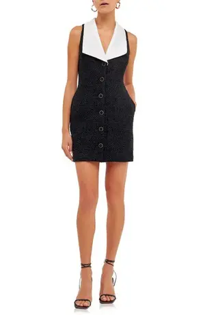Endless Rose Contrast Collar Tweed Mini Dress - Black