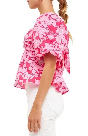 FREE THE ROSES Floral Puff Sleeve Blouse - Red/pink