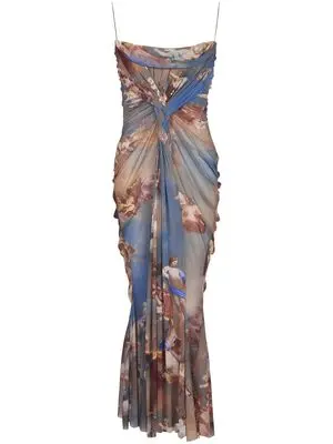 Balmain Sky-print Tulle Maxi Dress - Brown