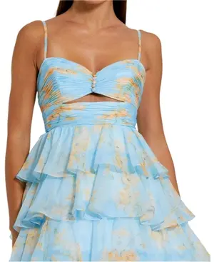 Mac Duggal Floral Cut Out Ruffle Layered Gown - Blue Multi