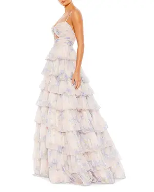 Mac Duggal Floral Cut Out Ruffle Layered Gown - Violet Multi