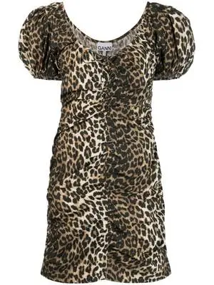 GANNI Leopard-print Organic Cotton Dress - Brown