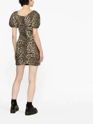 GANNI Leopard-print Organic Cotton Dress - Brown