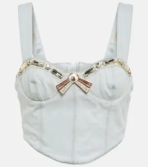 AREA Crystal-embellished Denim Crop Top