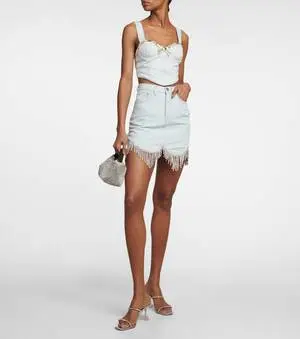 AREA Crystal-embellished Denim Crop Top