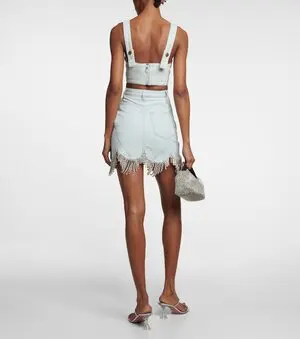 AREA Crystal-embellished Denim Crop Top