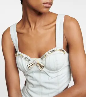 AREA Crystal-embellished Denim Crop Top