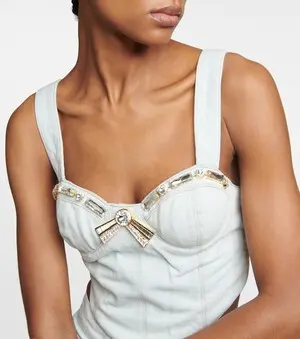 AREA Crystal-embellished Denim Crop Top