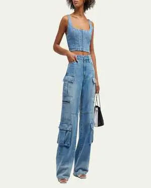 Alice + Olivia Cay Baggy Denim Cargo Pants - Brea Blue