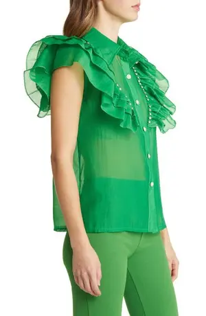 NIKKI LUND Holly Rhinestone Ruffle Button-up Blouse - Bright Green