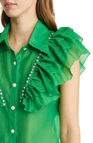 NIKKI LUND Holly Rhinestone Ruffle Button-up Blouse - Bright Green