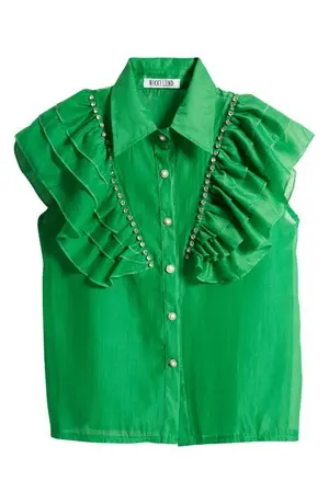 NIKKI LUND Holly Rhinestone Ruffle Button-up Blouse - Bright Green