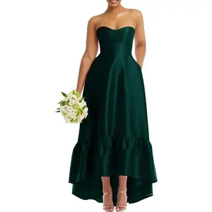 Alfred Sung Strapless Ruffle High-low Satin Gown - Evergreen