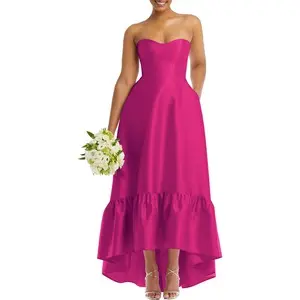 Alfred Sung Strapless Ruffle High-low Satin Gown - Think Pink